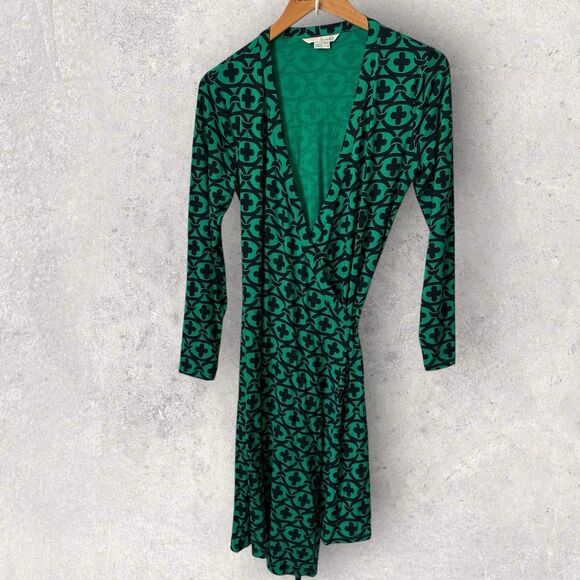 Boden | Dresses | Boden Wrap Dress Green Geometric Tie Waist 6r Us ...